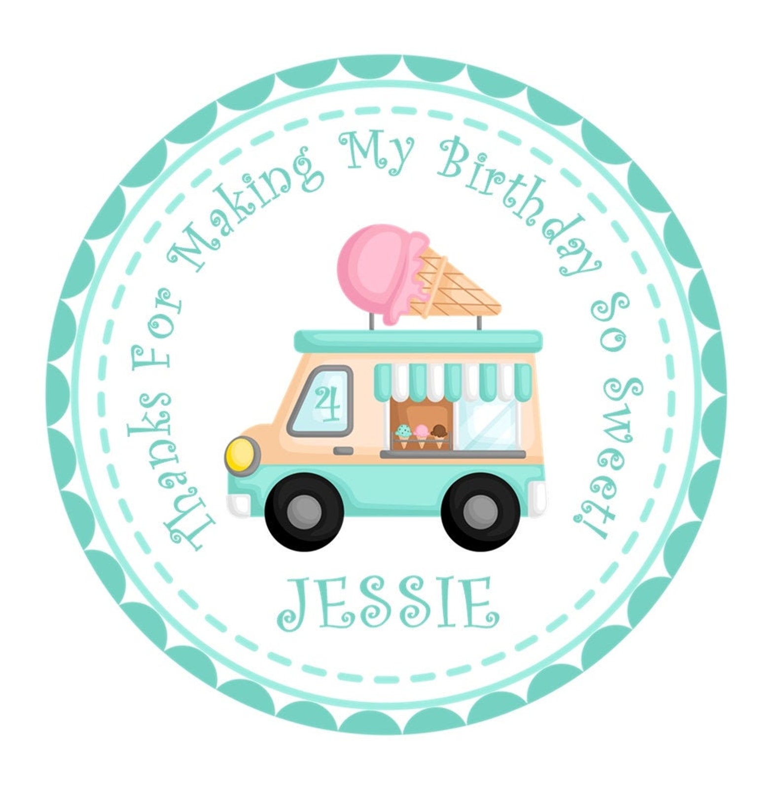 Ice Cream Birthday Cake Favor Sticker, Pink & Mint Birthday Favor Label ...