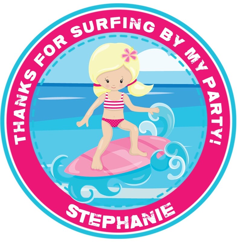 Girls Surfing Birthday Party Stickers, Girls Surfing Birthday Party ...