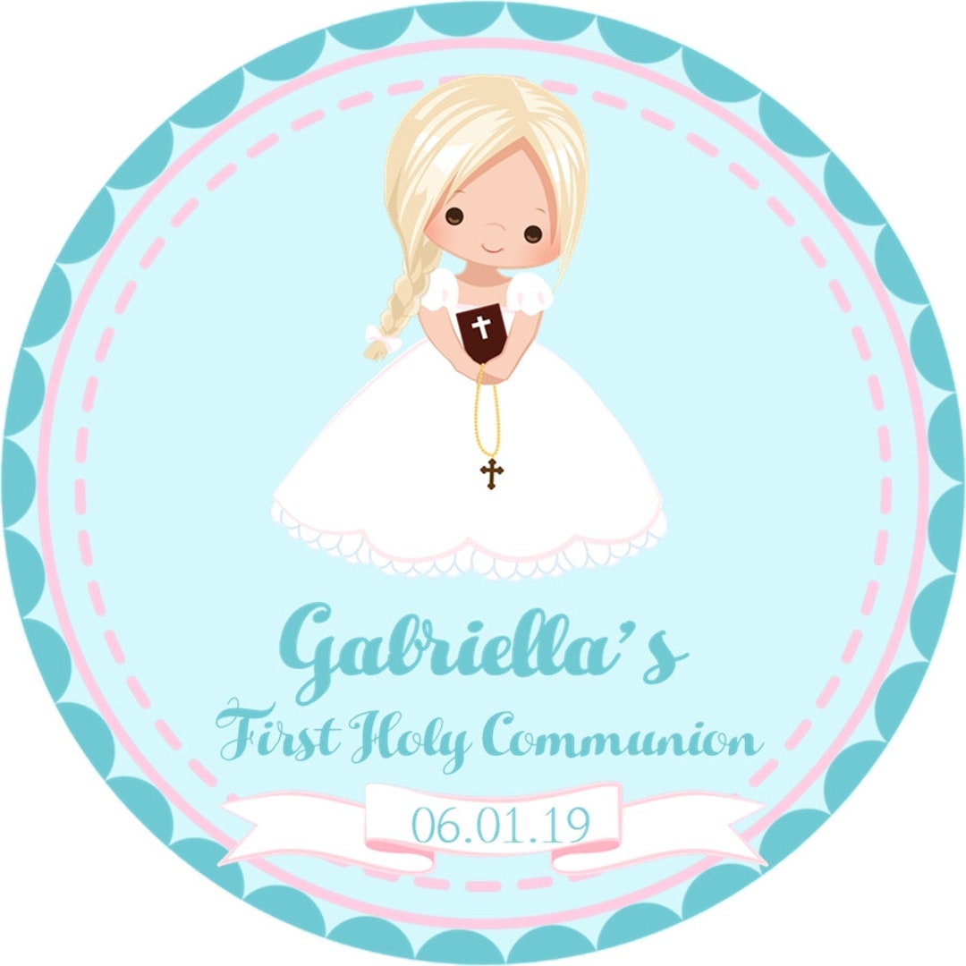 Aqua Girl First Holy Communion Favor Tags or Sticker Labels, Aqua ...