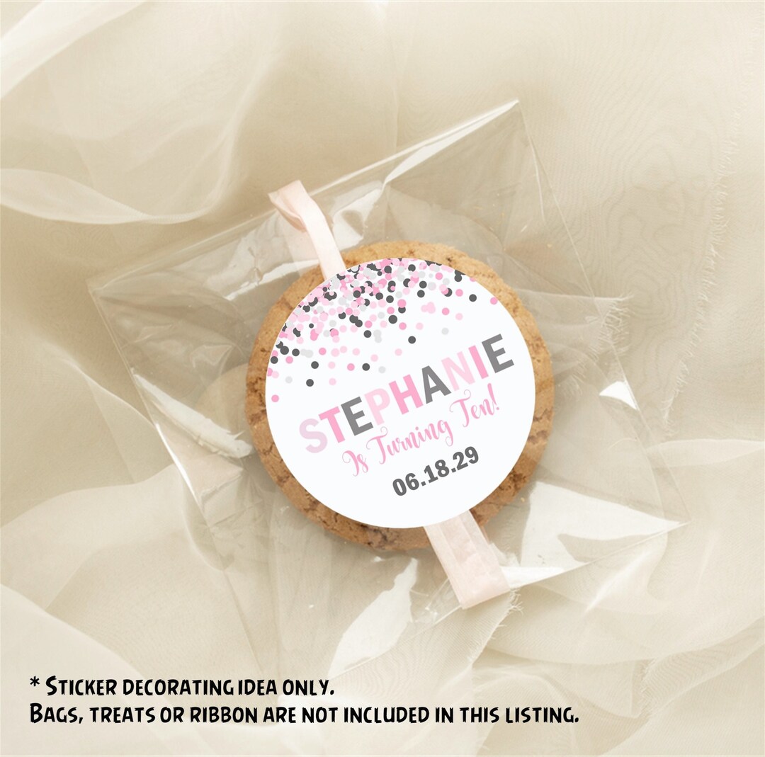 Pastel Pink Confetti Birthday Party Stickers or Favor Tags, Pink & Grey ...