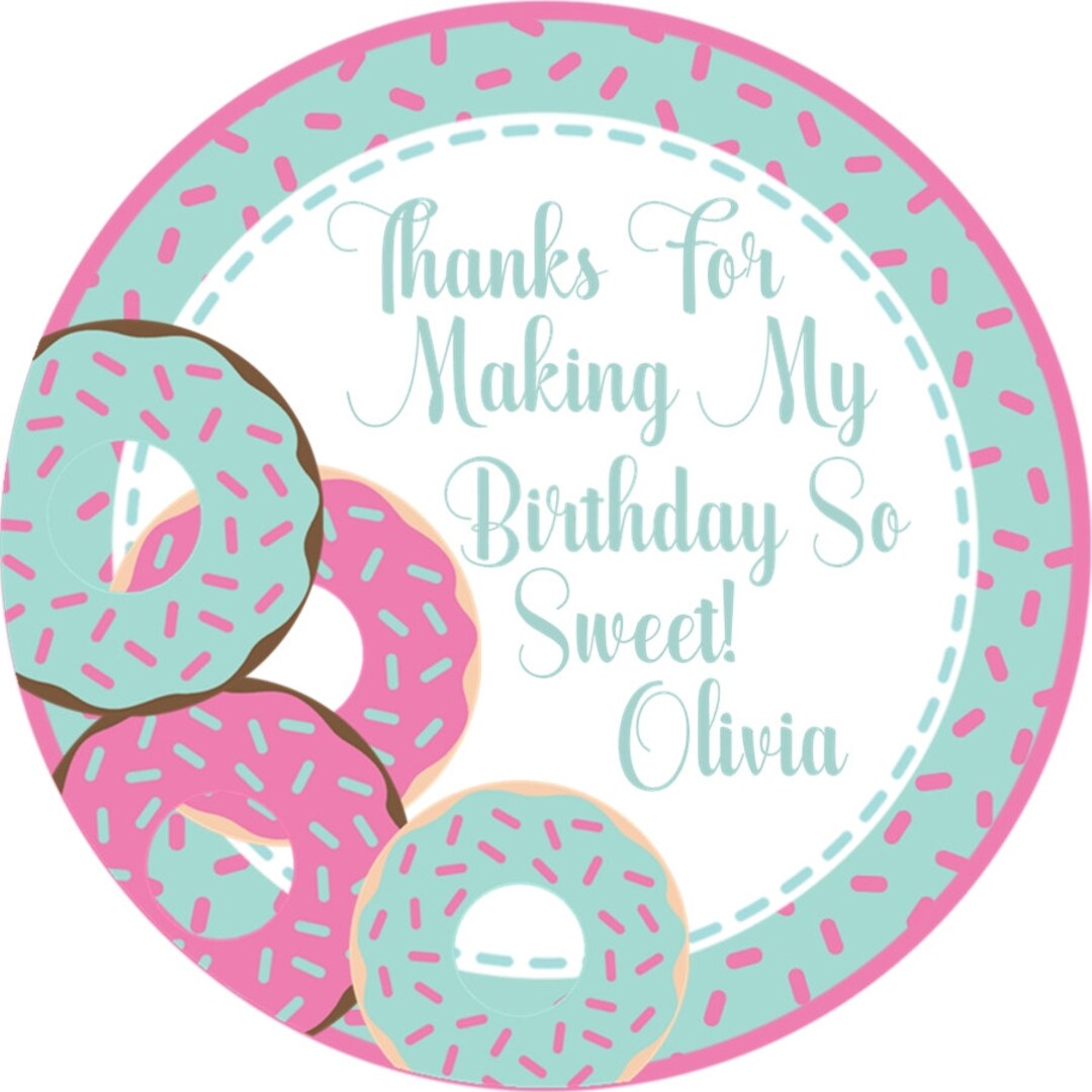 Donut Birthday Party Stickers or Favor Tags, Pink & Turquoise Donut ...