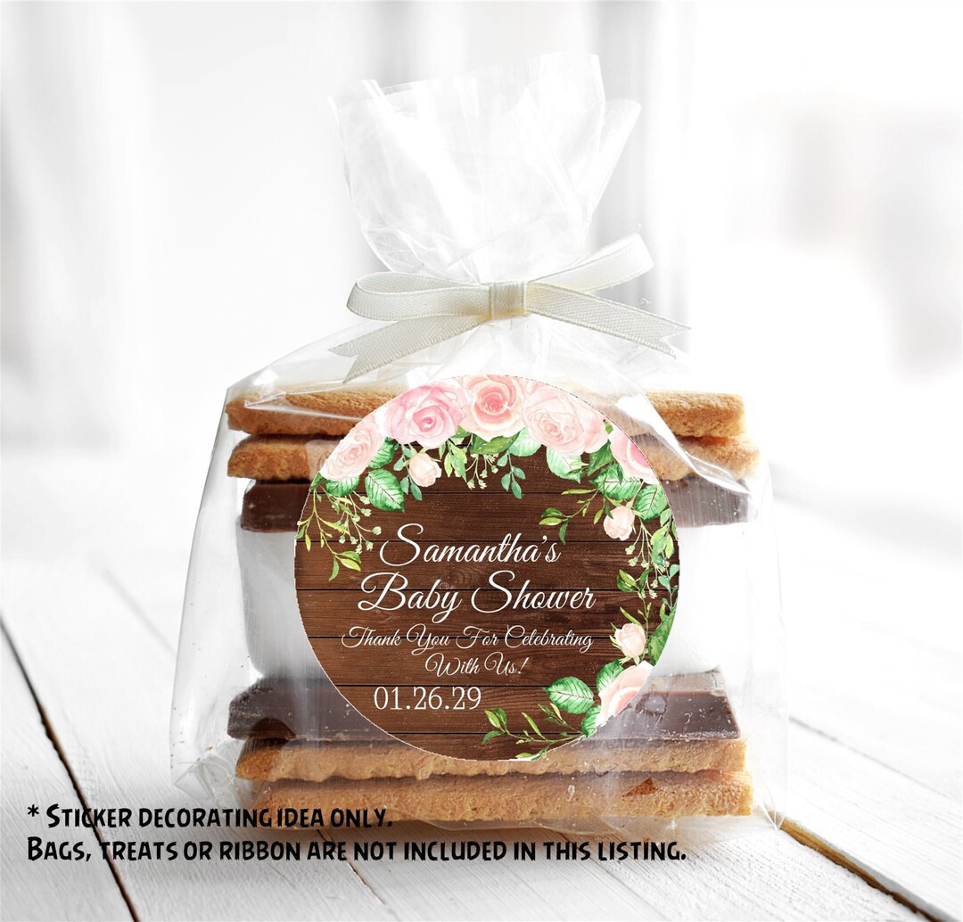 Girls Rustic Pink Rose Baby Shower Favor Stickers, Pink Rose Favor Tags ...