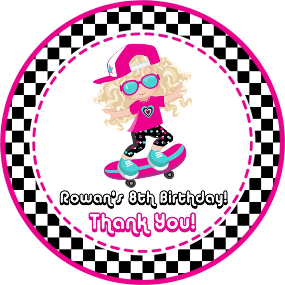 Girls Skateboard Birthday Party Stickers or Favor Tags, Skateboard ...