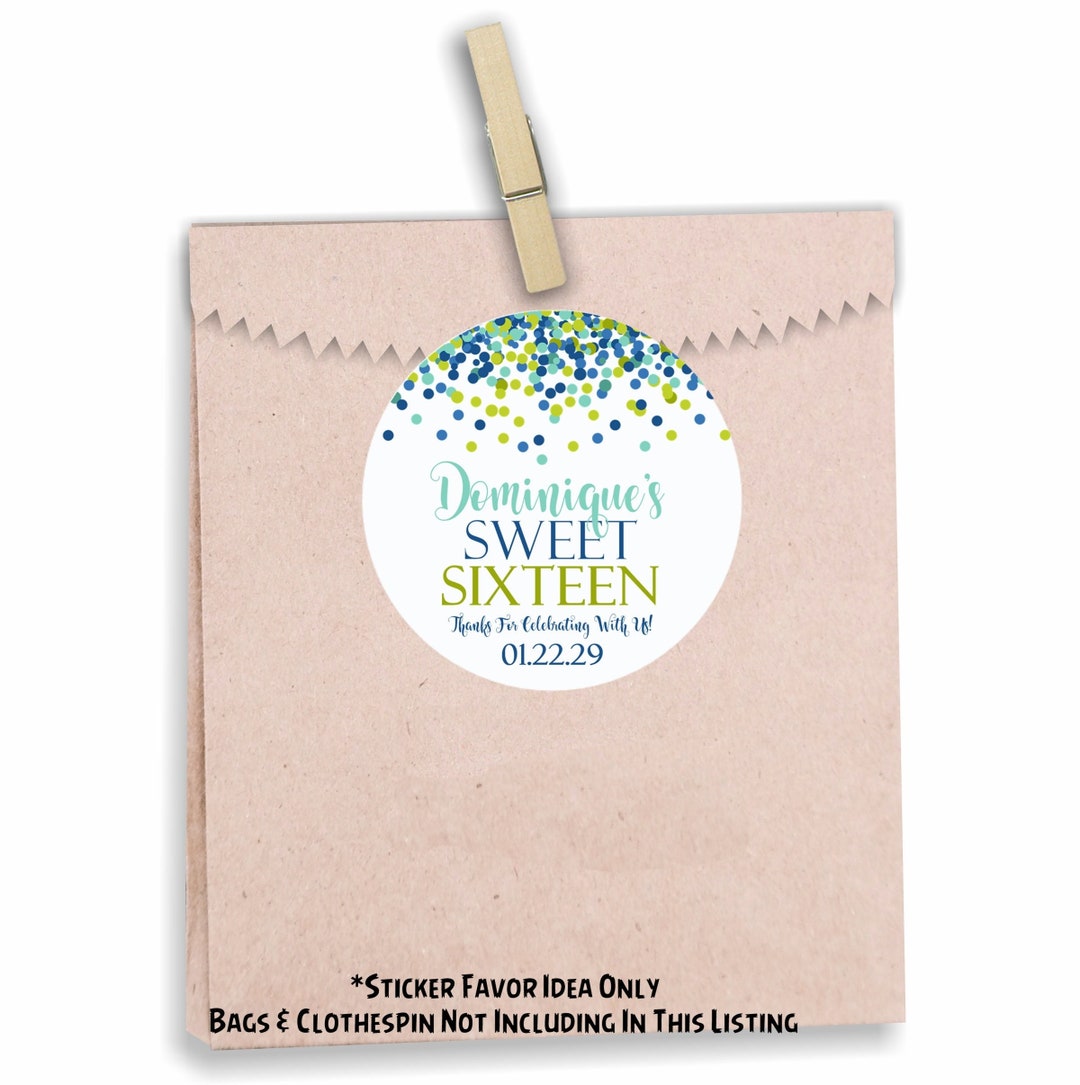 Blue & Green Confetti Sweet 16 Birthday Party Stickers, Blue Sweet 16 ...