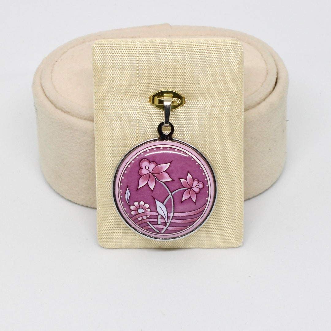 Michaela Frey Pendant Silver Color Round Floral Pink Flowers Enamel ...
