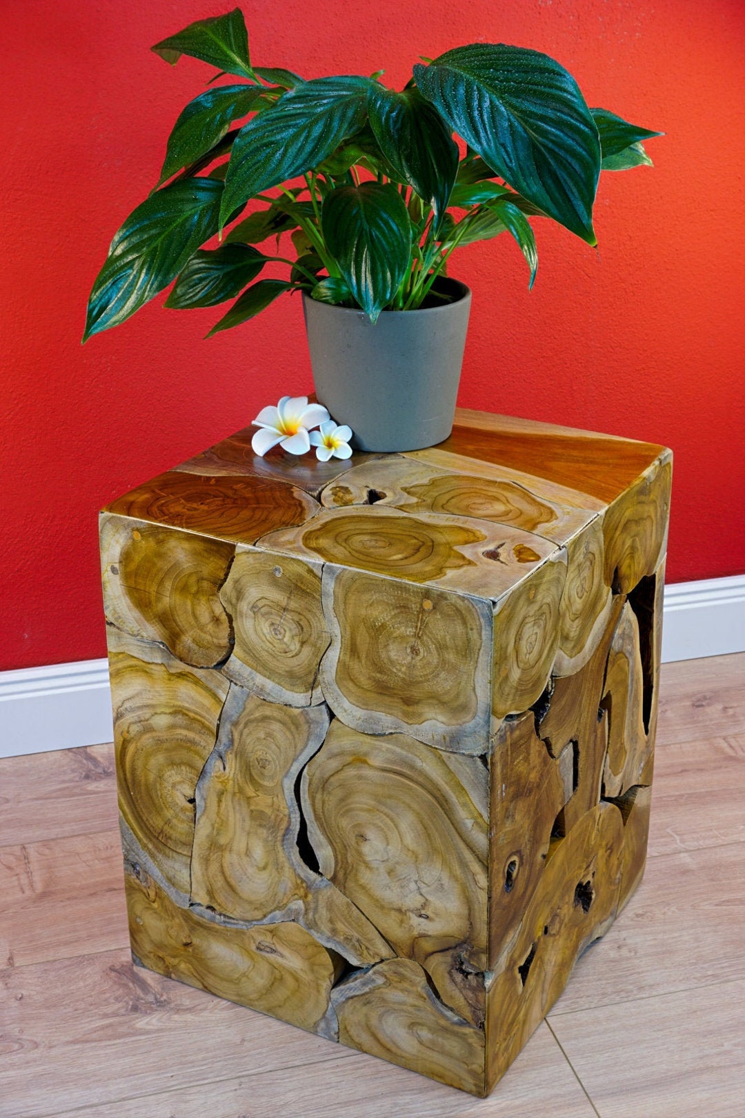 Teak Root Wood Side Table Square Solid Wood Table Made of Small Pieces ...