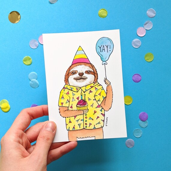 Party-sloth YAY birthday card A6 10.5 x 14.8 cm | Etsy
