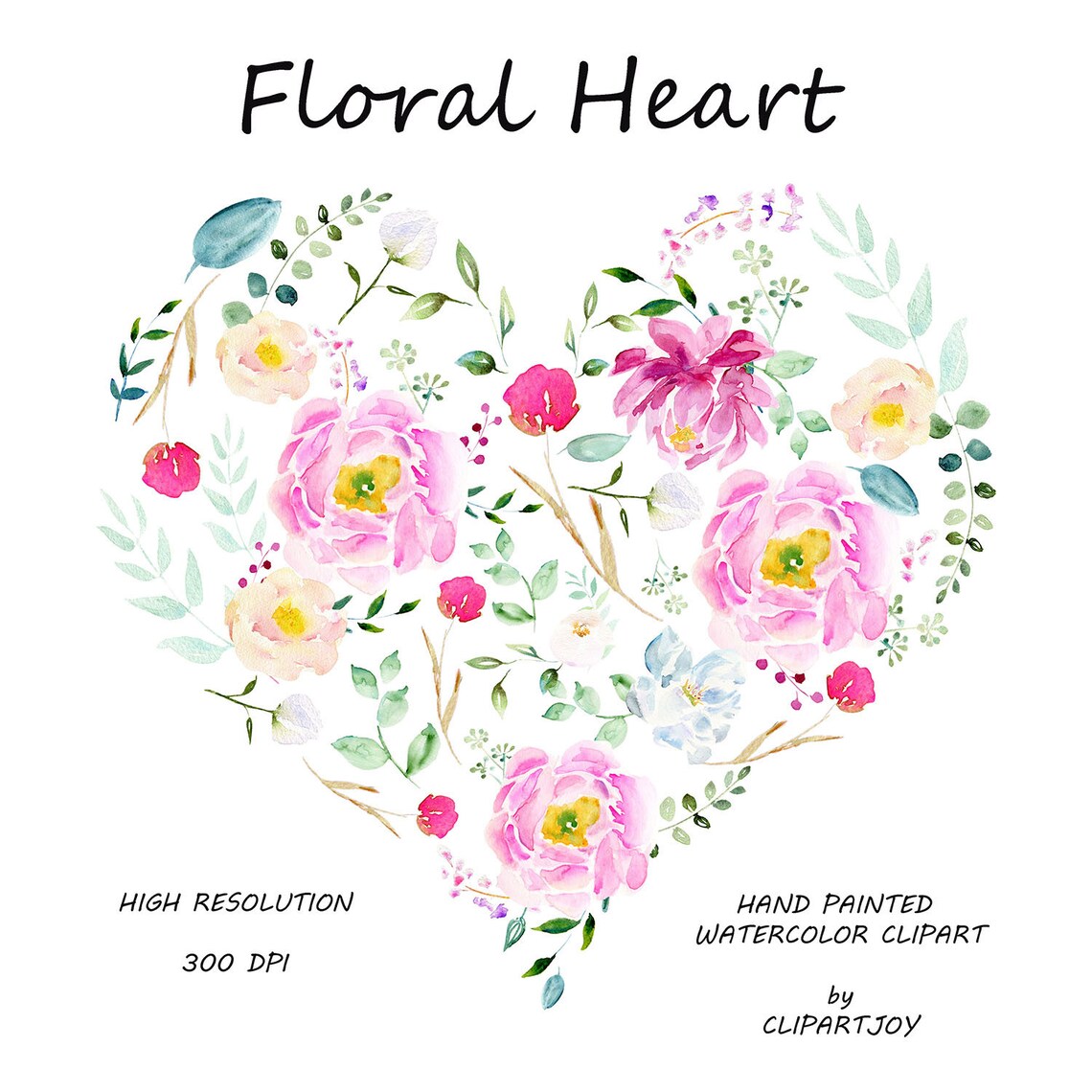 Floral Heart: Flower Heart Watercolor Clipart. Premade - Etsy