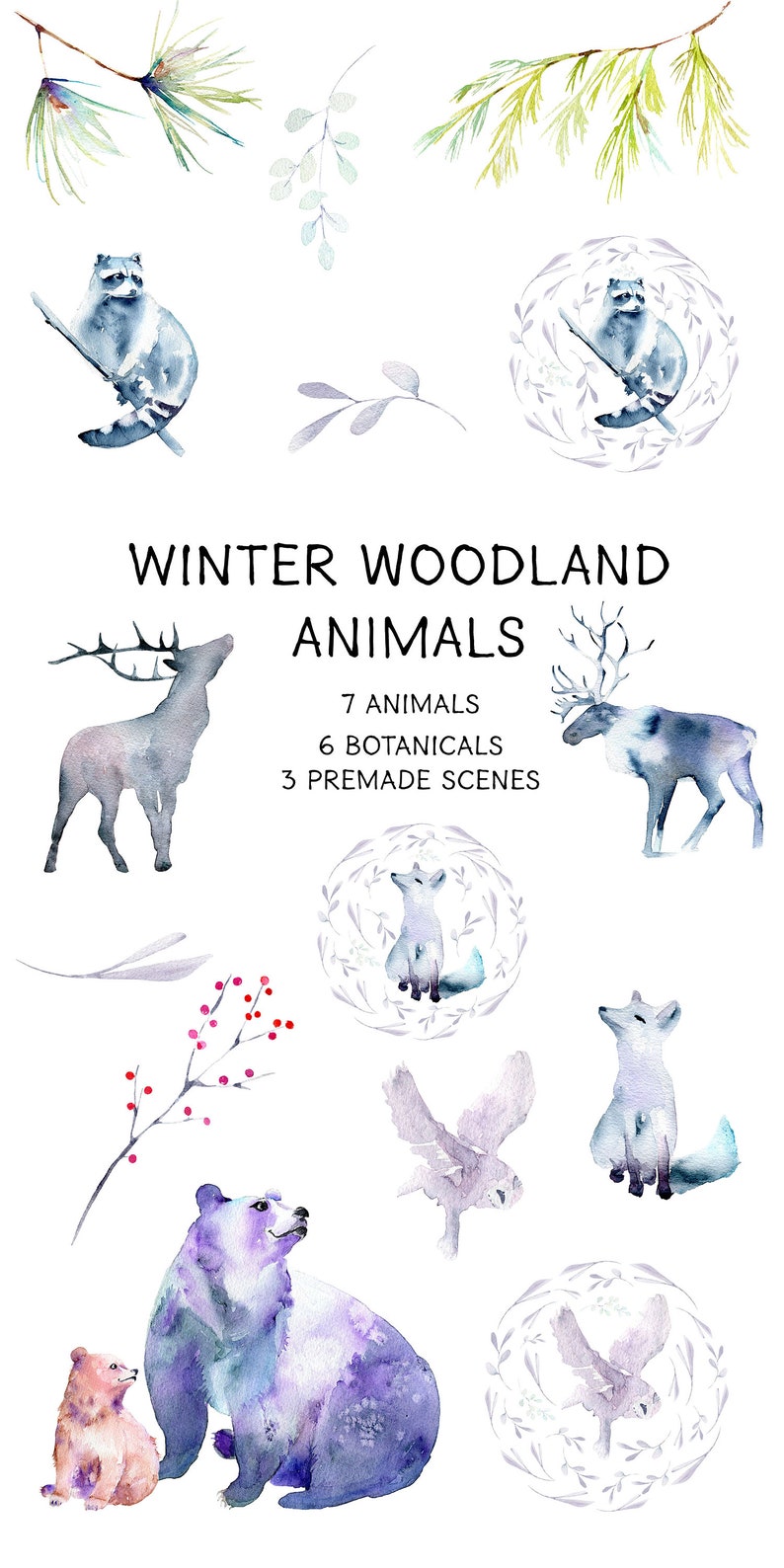 Woodland Animals Clipart: Winter Forest Creatures in Watercolor. Fox ...