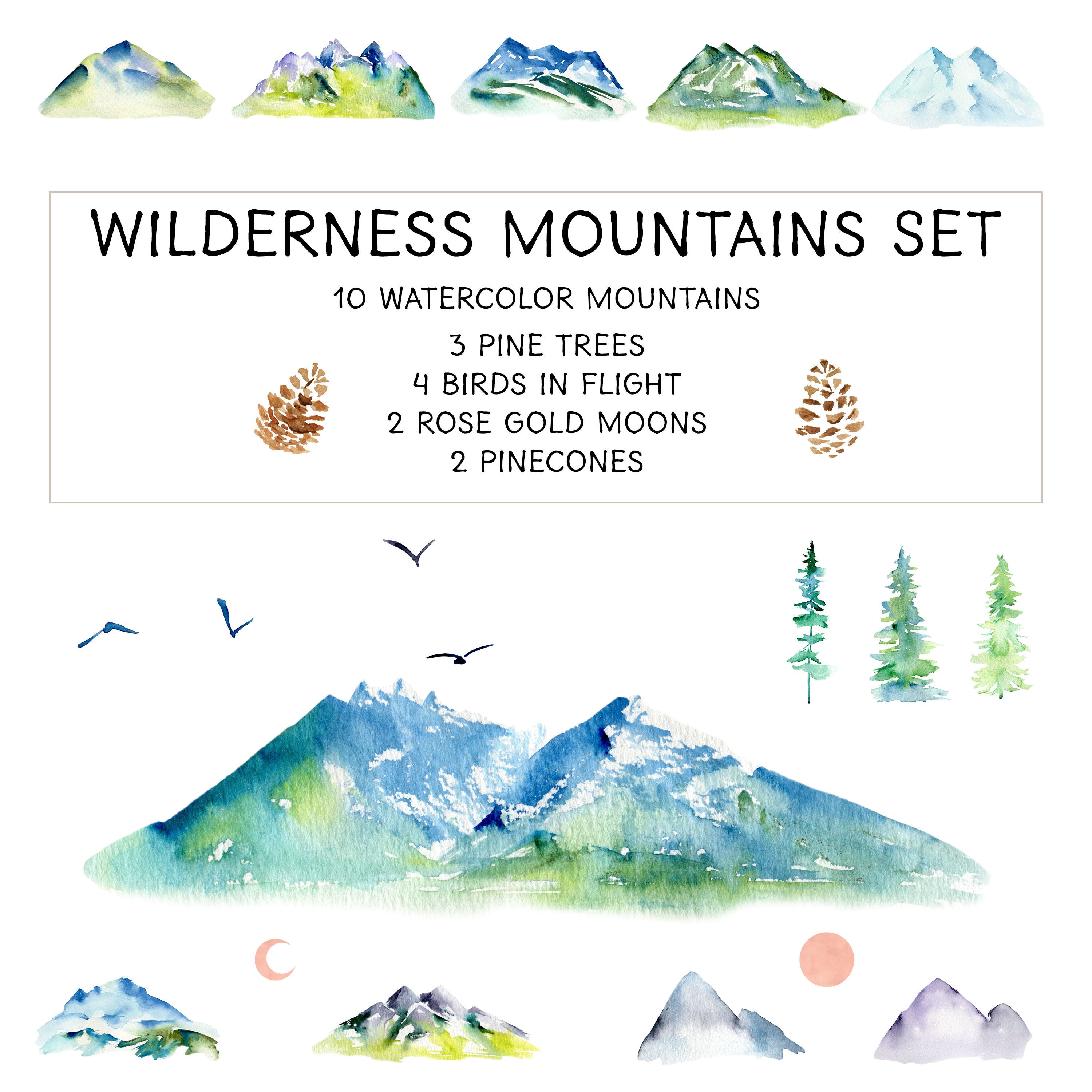 Mountain Wilderness Clipart: Watercolor Mountains Graphics With Trees ...