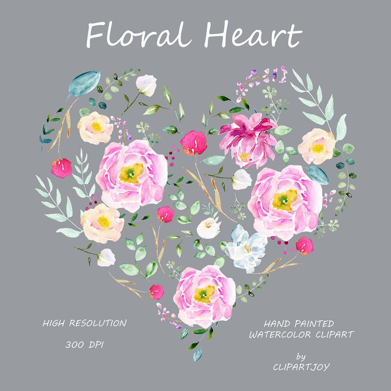 Floral Heart: Flower Heart Watercolor Clipart. Premade | Etsy