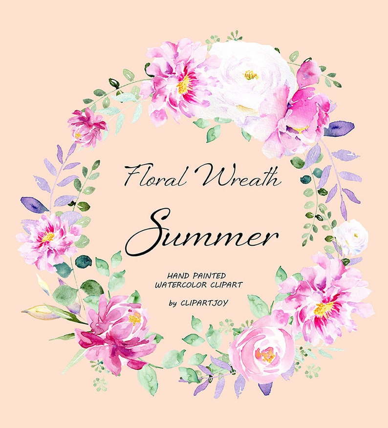 Floral Wreath Clipart: Watercolor Graphic. Pink Peony and Rose ...