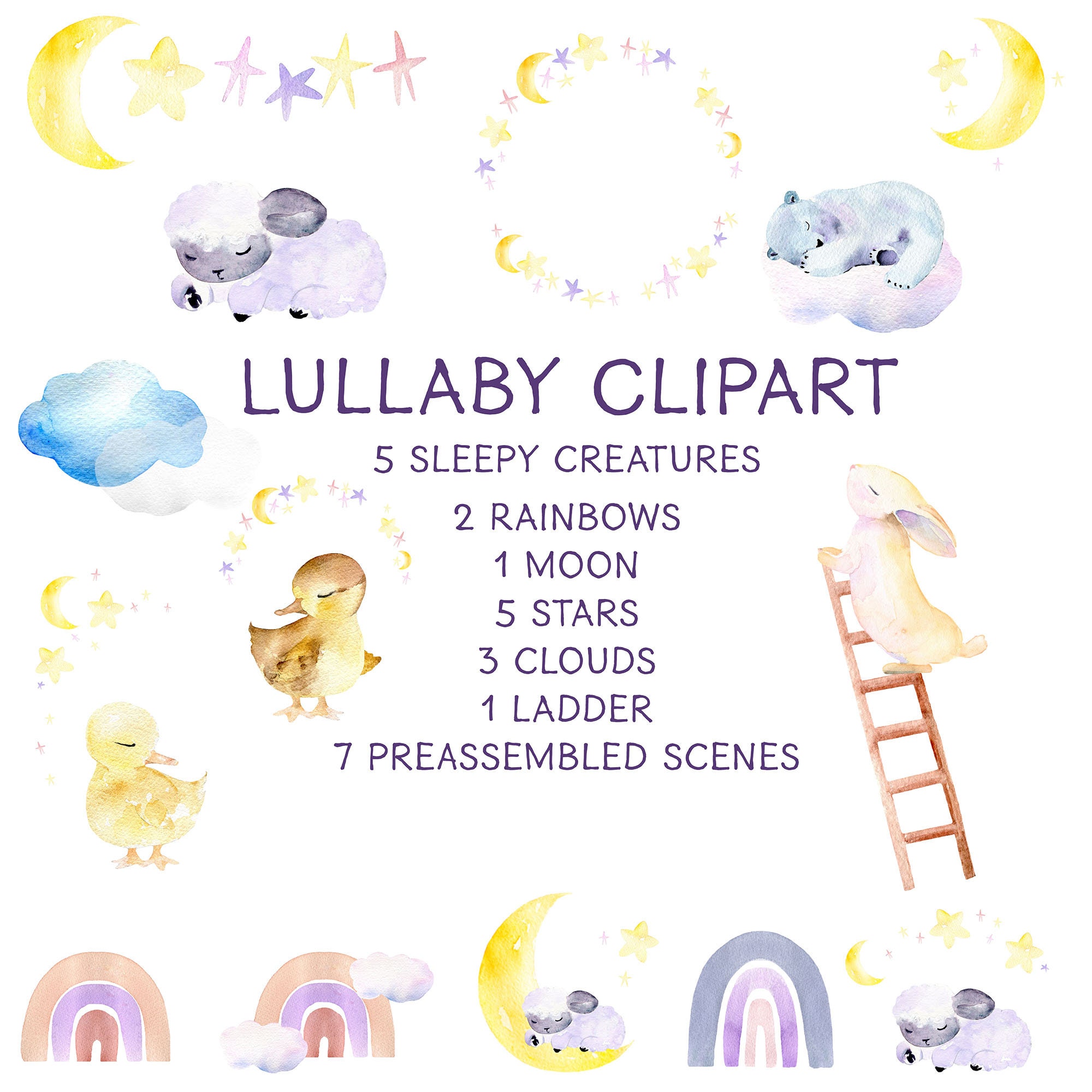 Lullaby Nursery Clipart: Watercolor Dreamy Bedtime Graphics. Cute ...