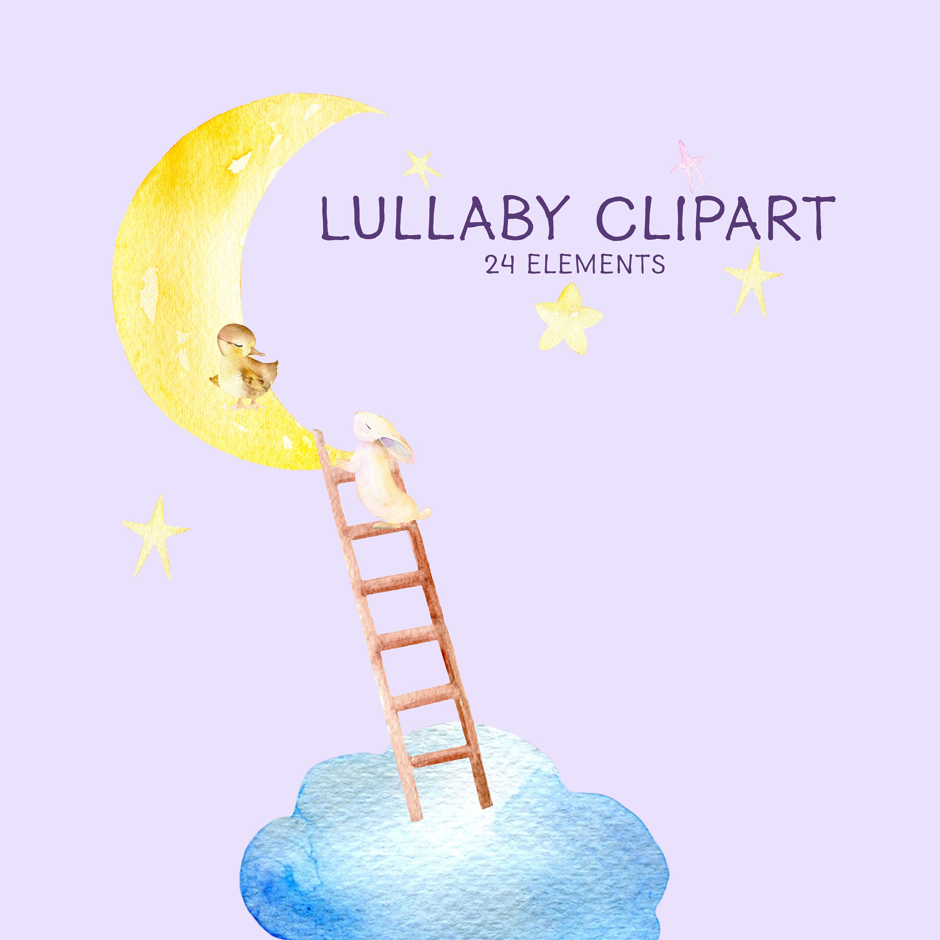 Lullaby Nursery Clipart: Watercolor Dreamy Bedtime Graphics. Cute ...