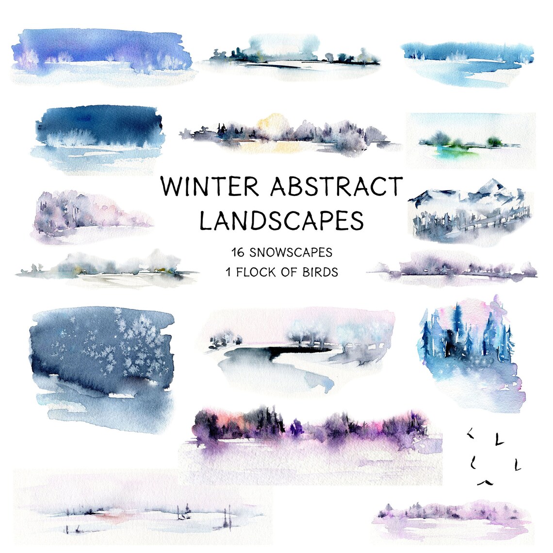 Winter Landscape Clipart: Abstract Watercolor Snow Scenes. Frosty and ...
