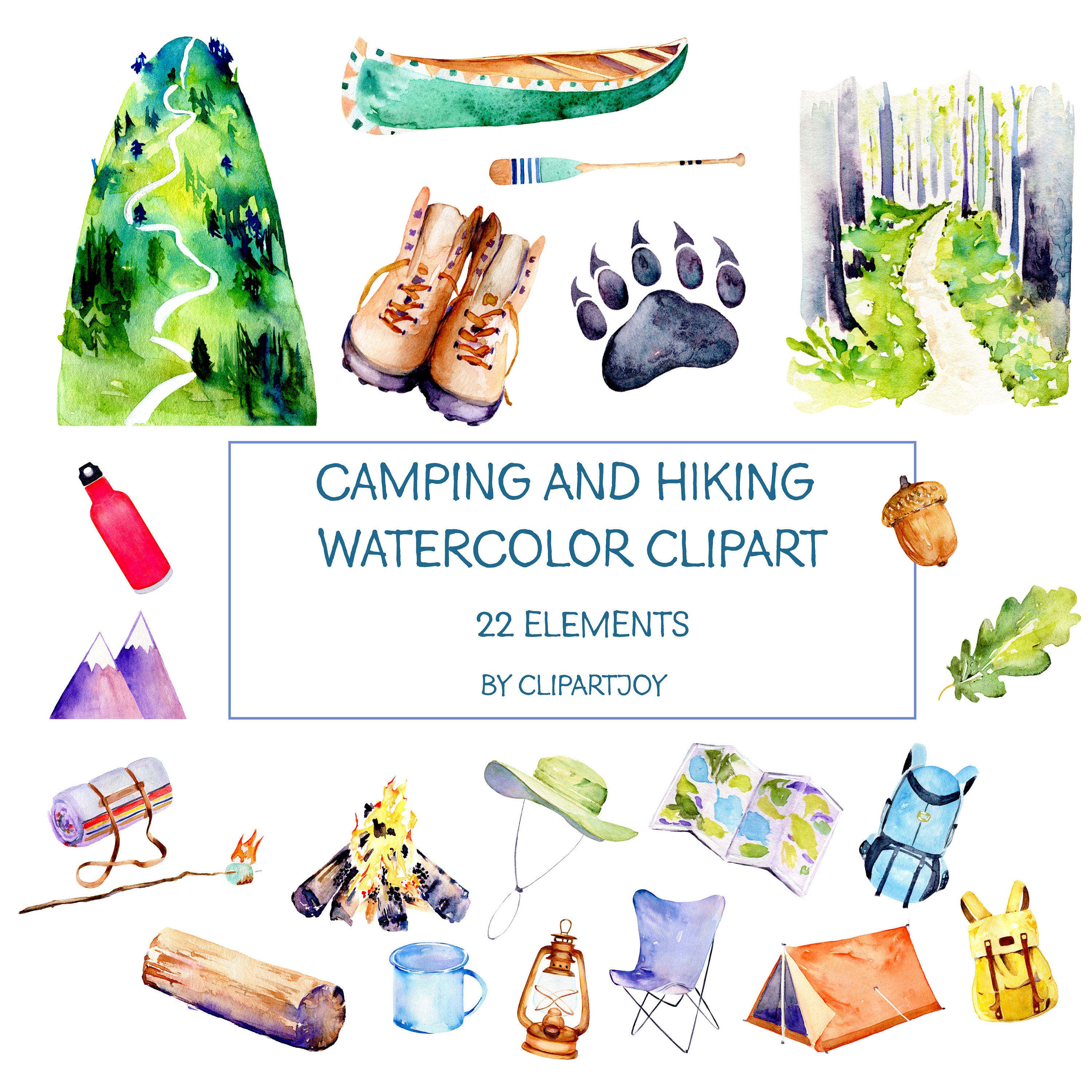 Camping and Hiking Clipart: 22 Watercolor Outdoor Wilderness Graphics ...