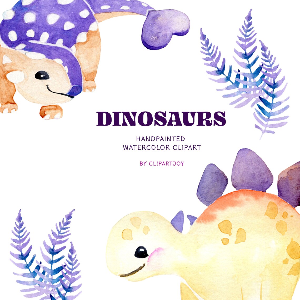 Cute Dinosaur Clipart: Watercolor Trex, Triceratops, Stegosaurus, Dino ...
