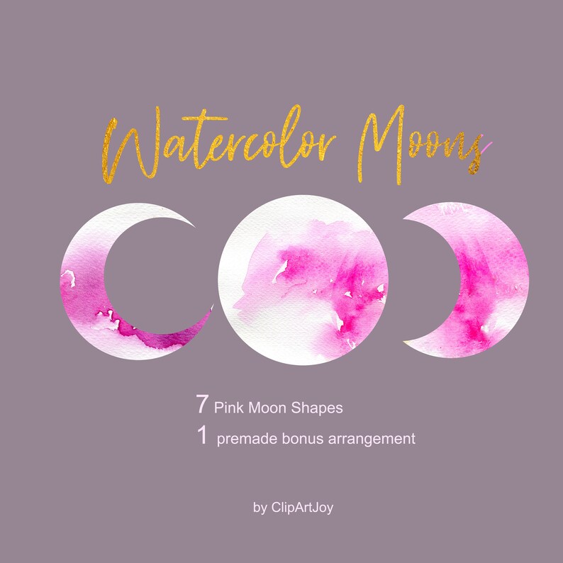 Pink Watercolor Moons Clipart: 7 Moon Phase Shapes Graphics Plus 1 ...