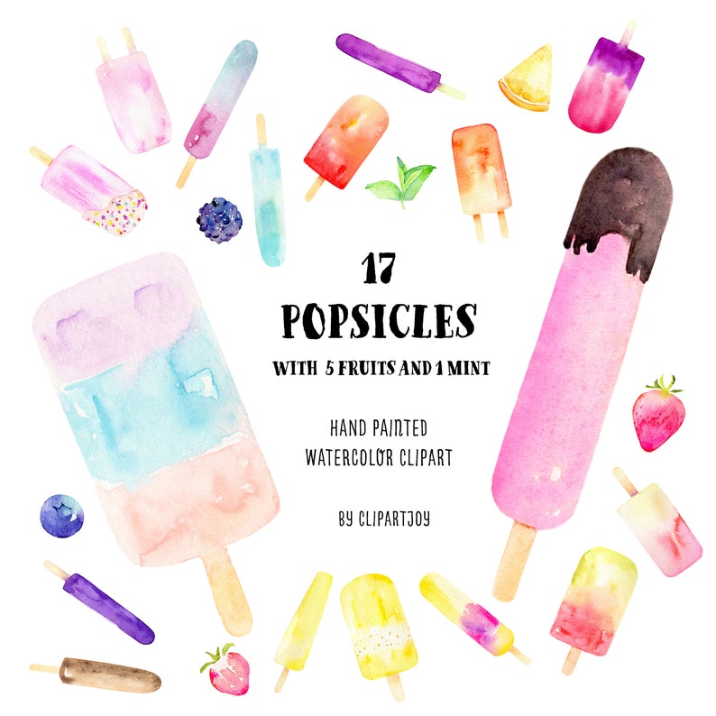 Popsicles Clipart: 17 Watercolor Summer Popsicle Ice Cream Graphics ...