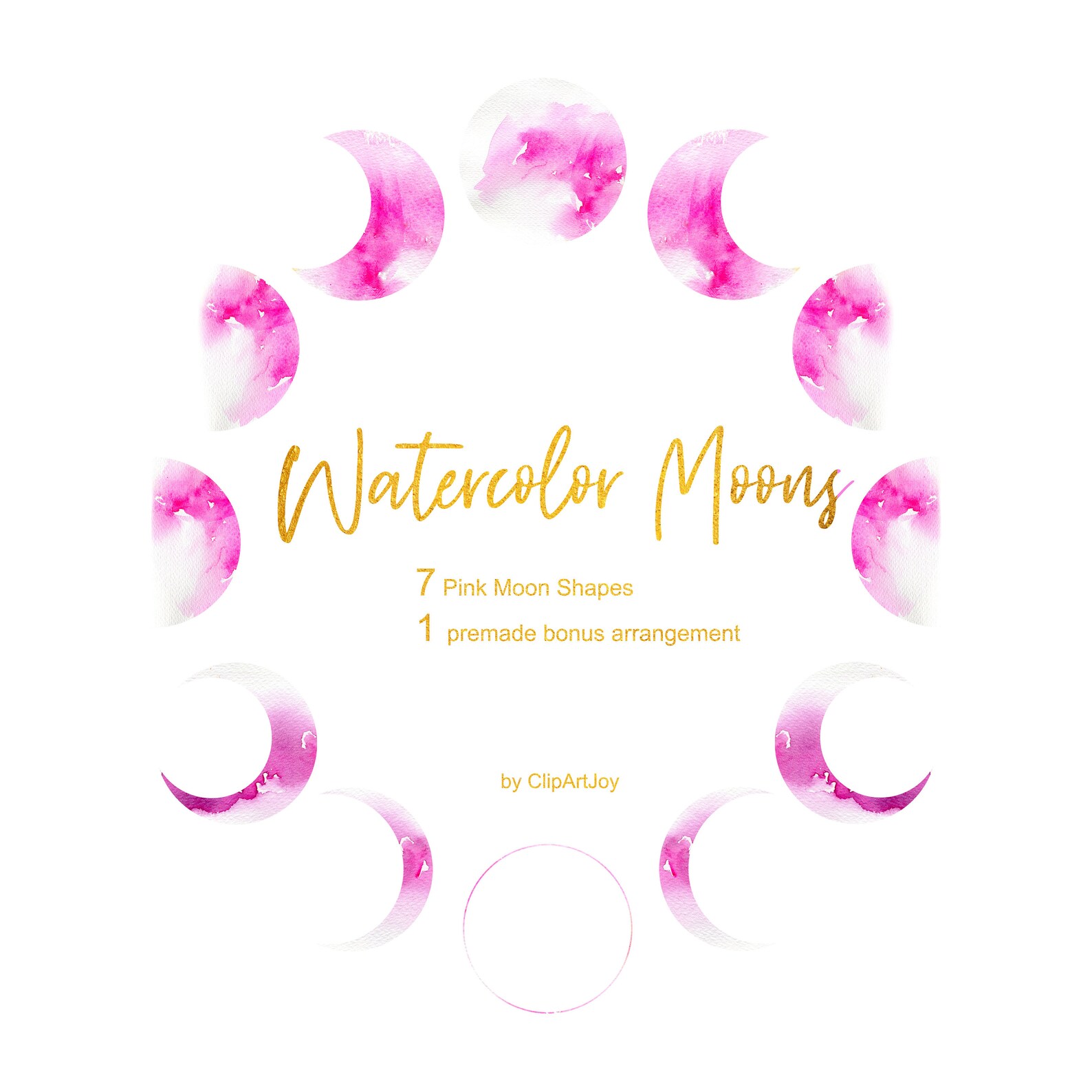 Pink Watercolor Moons Clipart: 7 Moon Phase Shapes Graphics Plus 1 ...