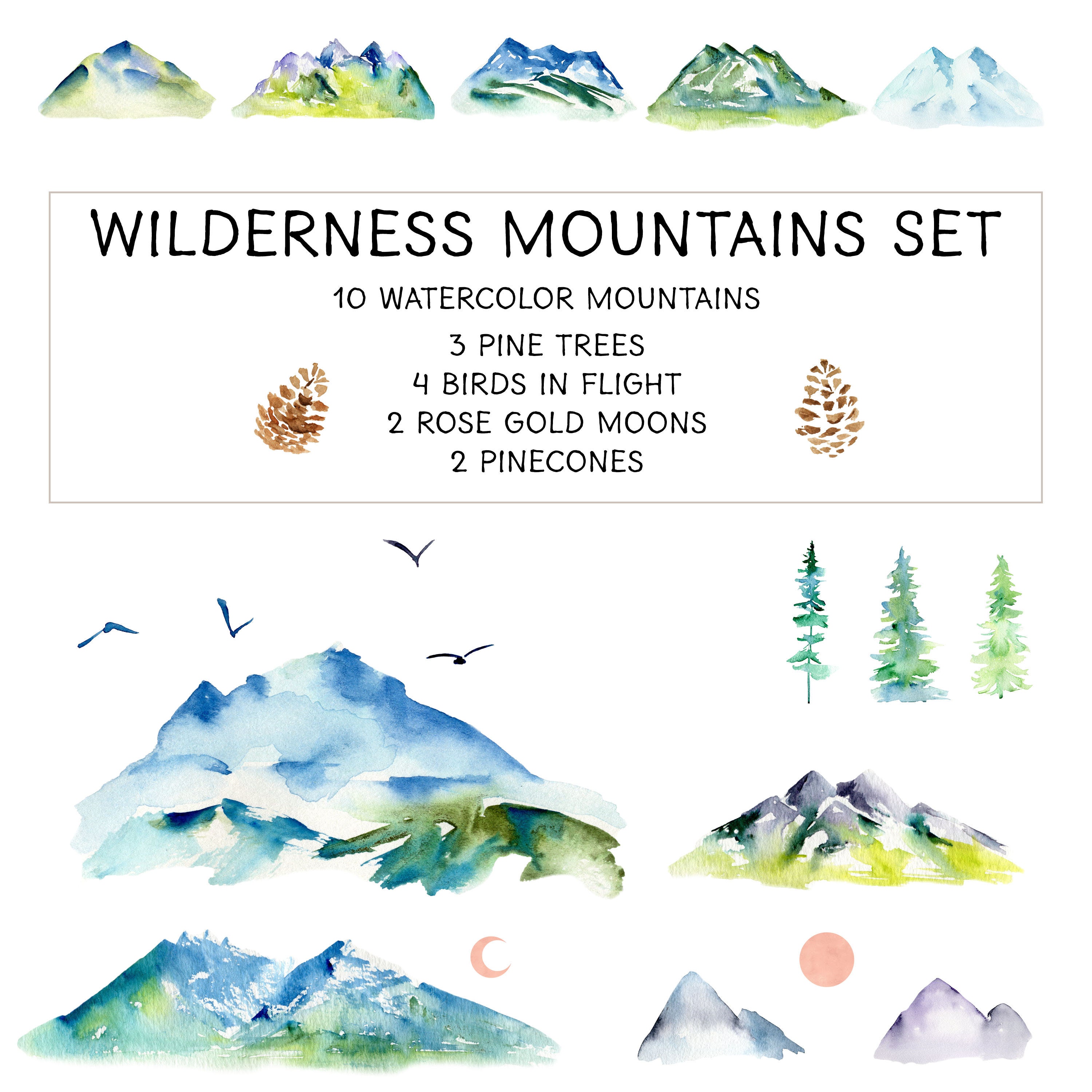 Mountain Wilderness Clipart: Watercolor Mountains Graphics With Trees ...