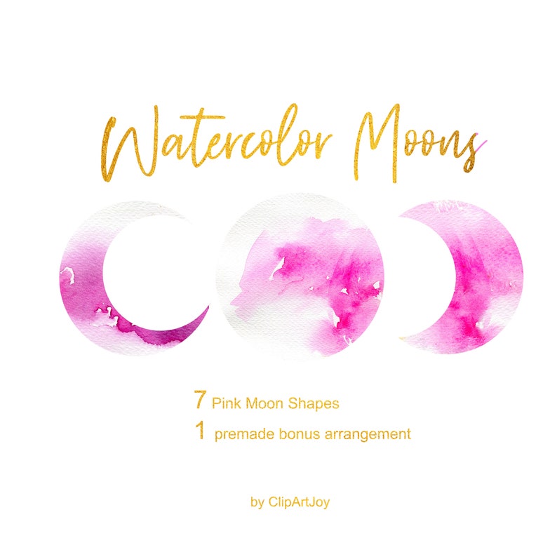 Pink Watercolor Moons Clipart: 7 Moon Phase Shapes Graphics Plus 1 ...