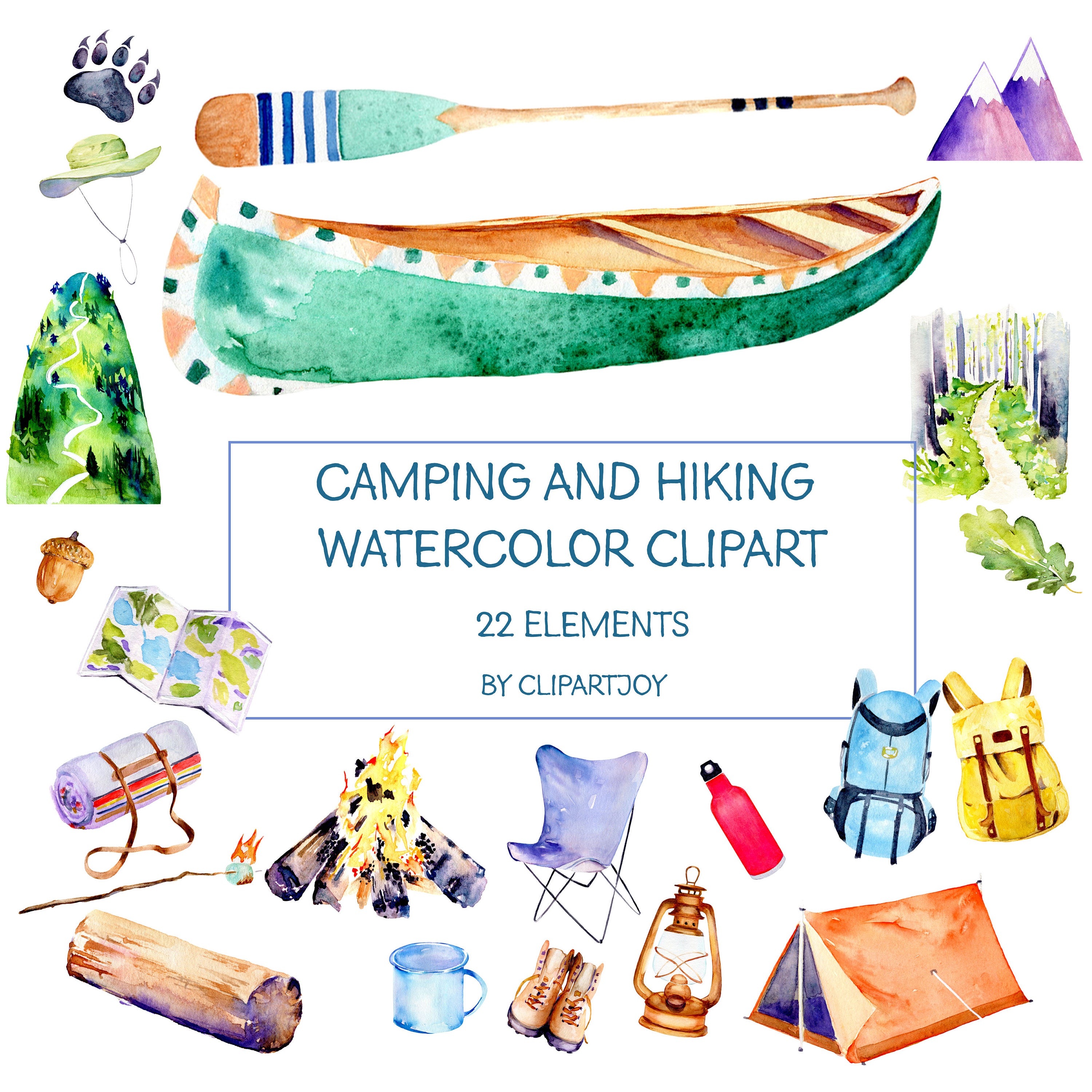 Camping and Hiking Clipart: 22 Watercolor Outdoor Wilderness Graphics ...