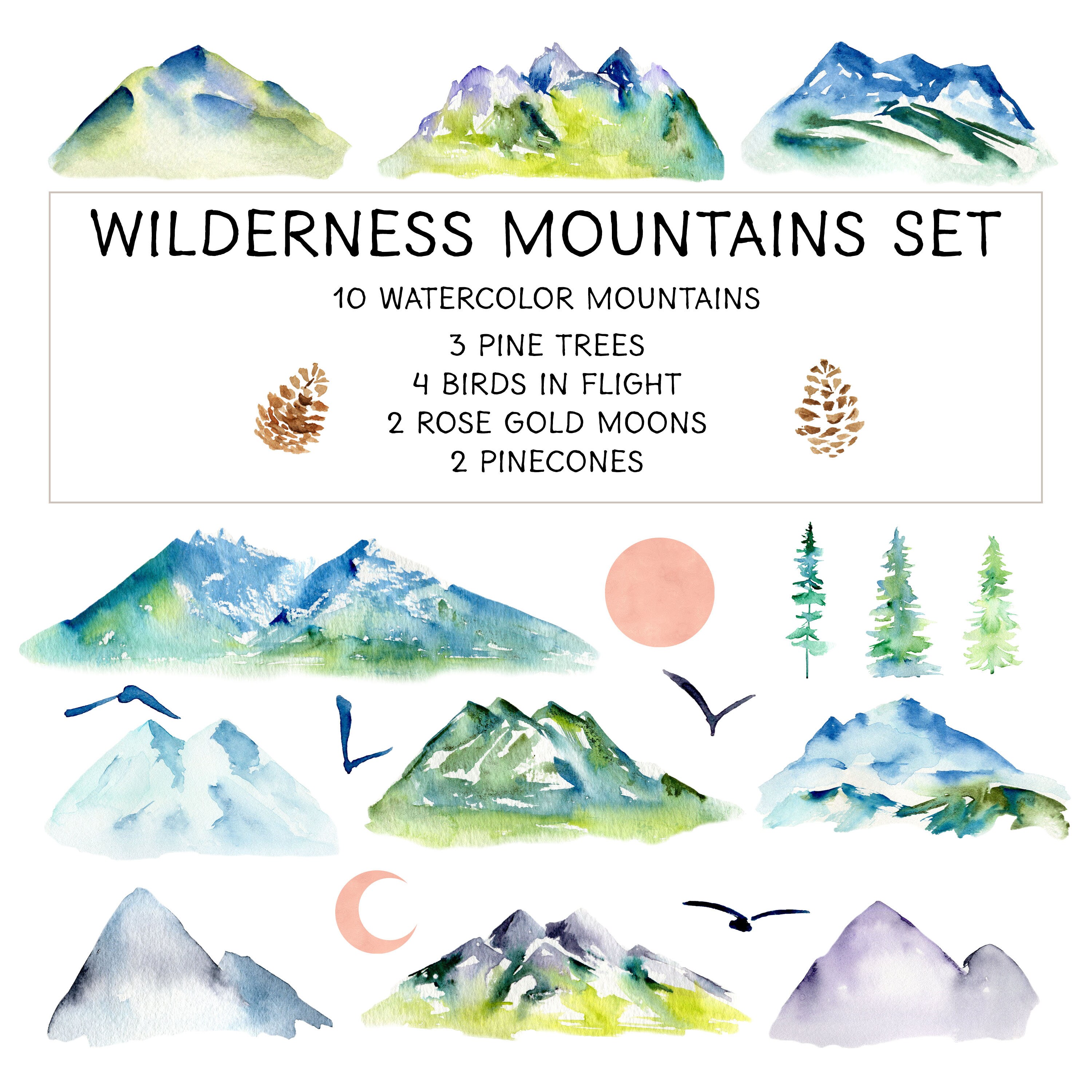 Mountain Wilderness Clipart: Watercolor Mountains Graphics With Trees ...