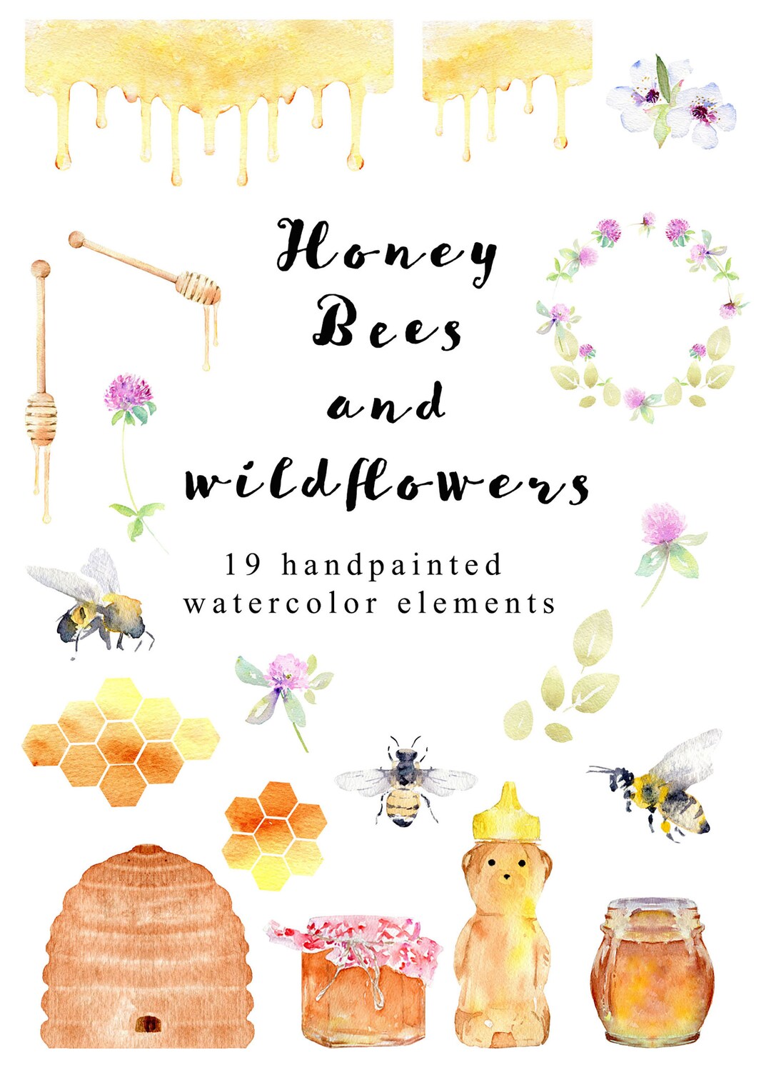Watercolor Honey Clipart: Bees, Wildflowers, Honeycomb, Drips, Beehive ...