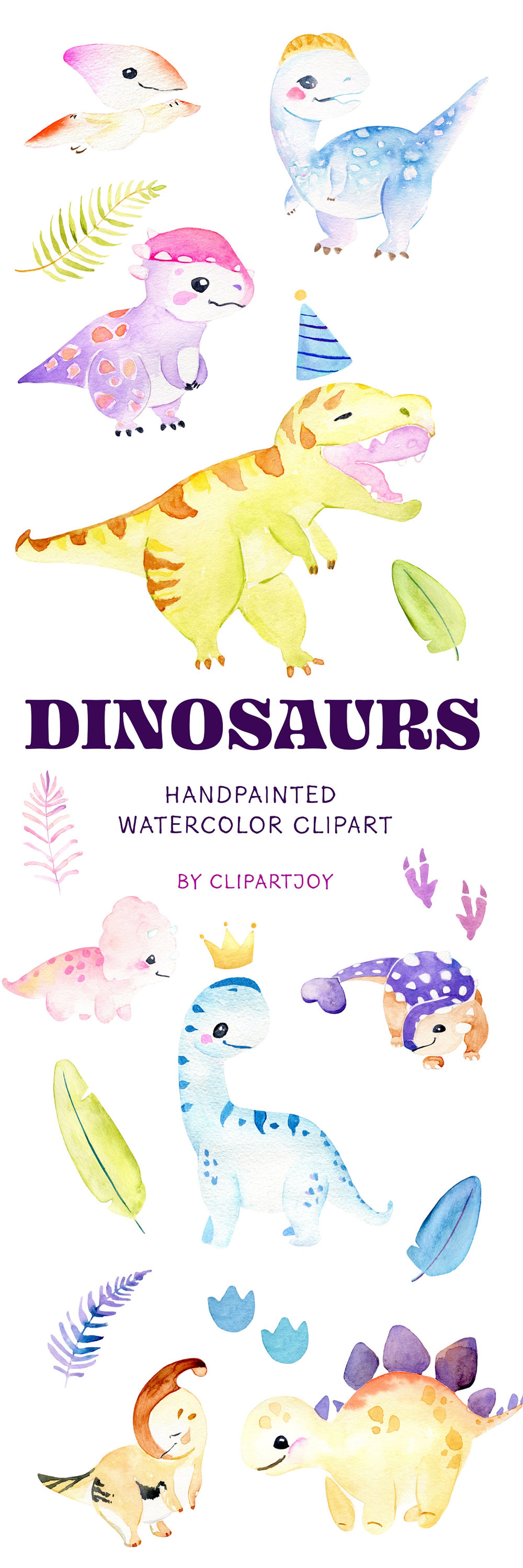 Cute Dinosaur Clipart: Watercolor Trex, Triceratops, Stegosaurus, Dino ...