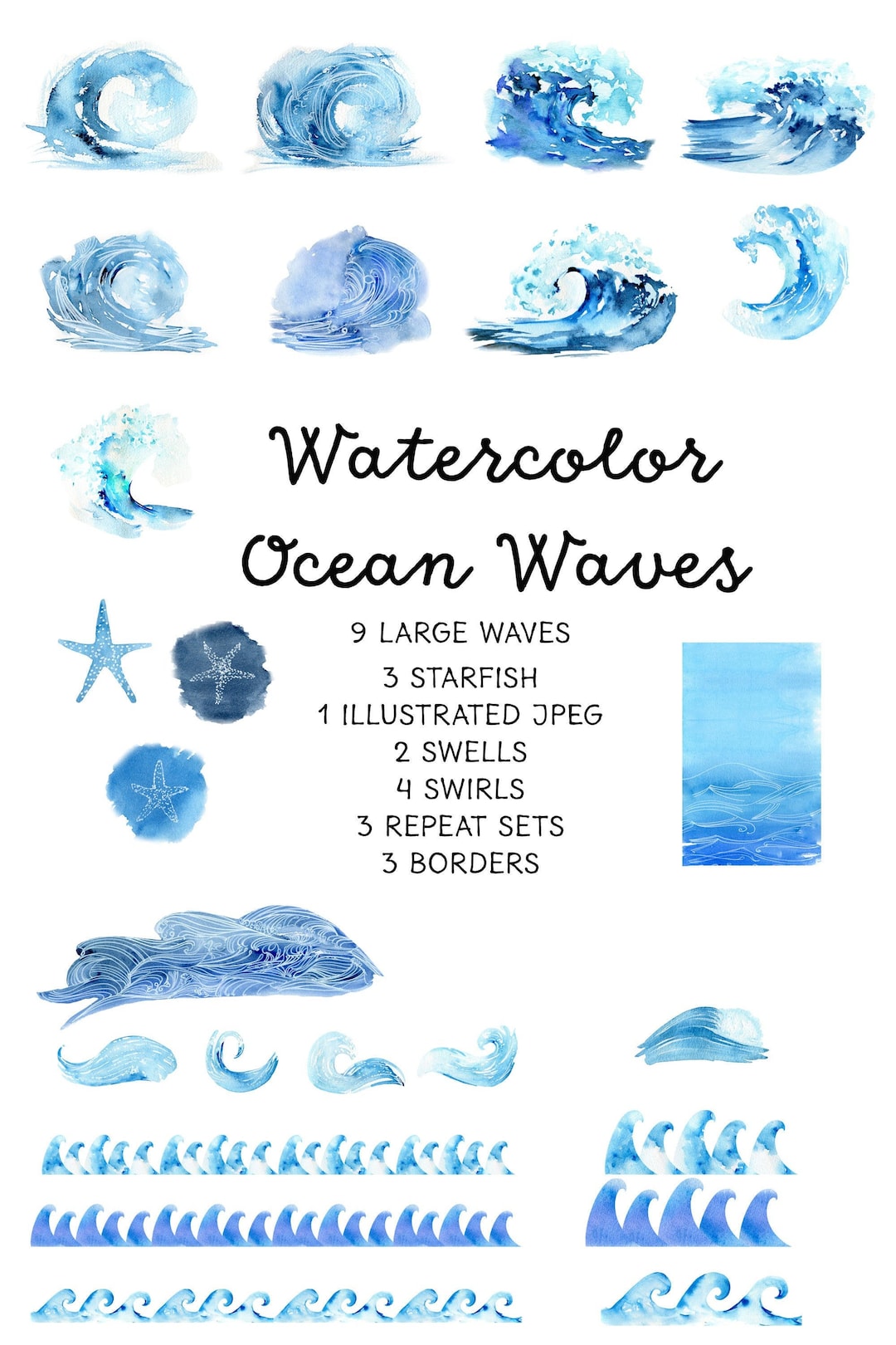 Watercolor Ocean Waves Clipart: Tidal Waves, Barrel Waves, Sea Swells ...