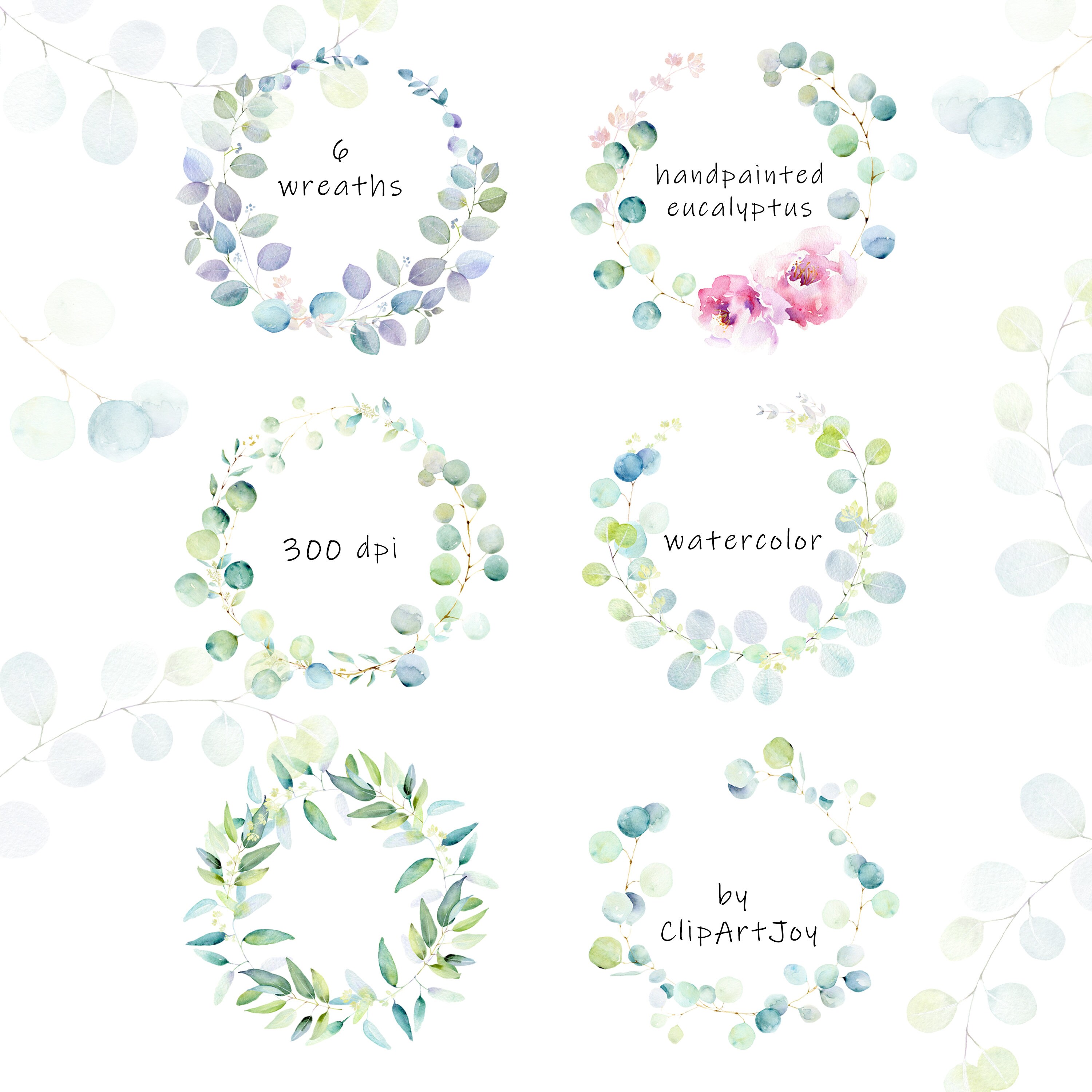 Eucalyptus Wreaths: Watercolor Clipart. 6 Botanical Wreaths of Greenery ...