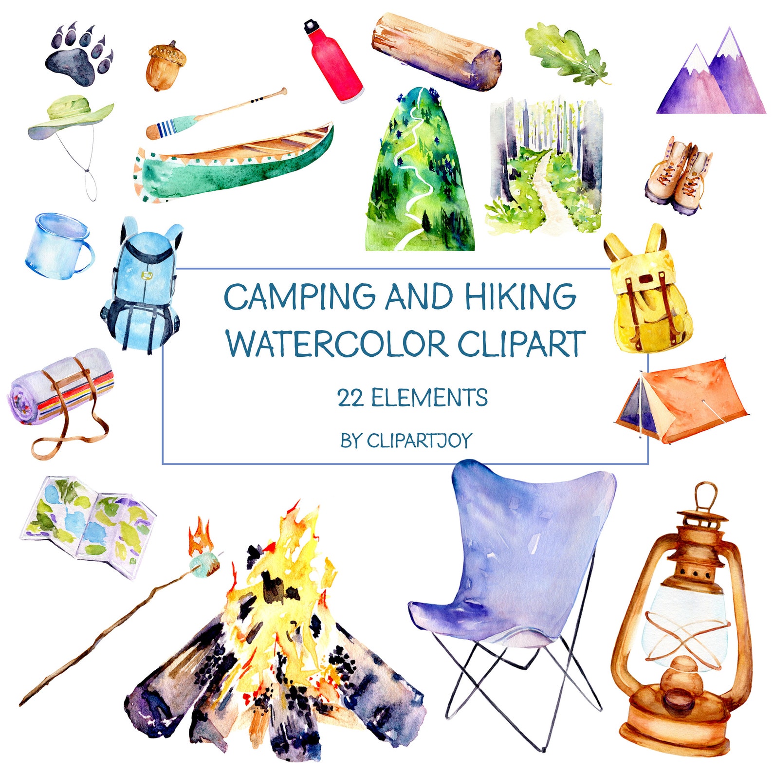 Camping and Hiking Clipart: 22 Watercolor Outdoor Wilderness Graphics ...