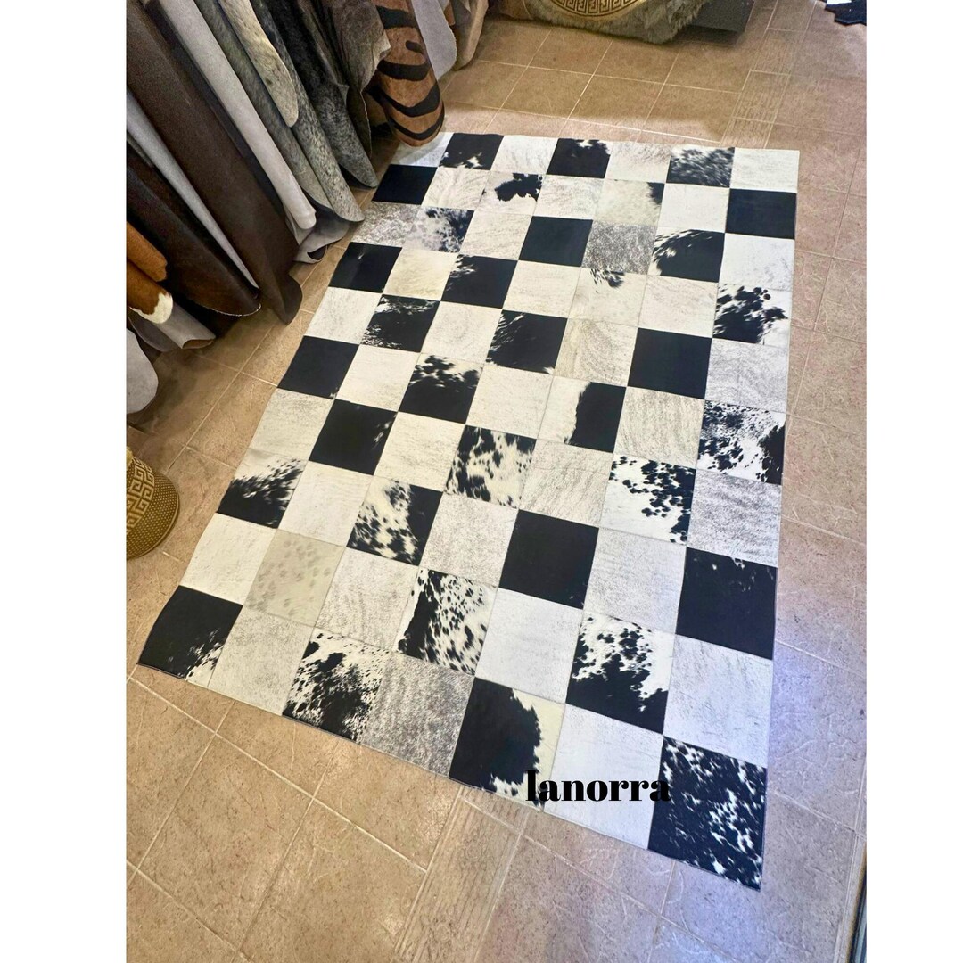 Handwoven Black and White Cowhide Area Rug, Unique Patchwork Skin Rug ...