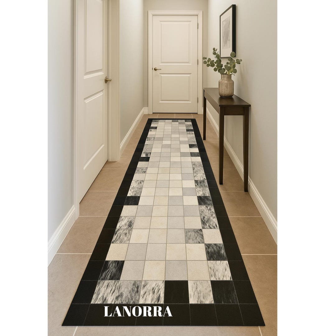 Black and White Cowhide Runner Rug – Handmade Real Cowhide Patchwork ...
