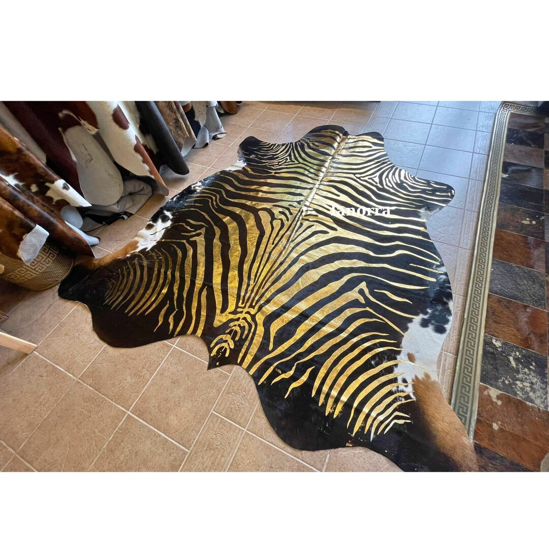 Luxury Black Gold Zebra Design Calfskin Rug, Cow Hide Rug, Cowhide ...