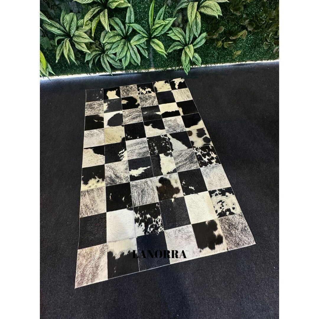 Handwoven Black and White Cowhide Area Rug, Unique Patchwork Skin Rug ...