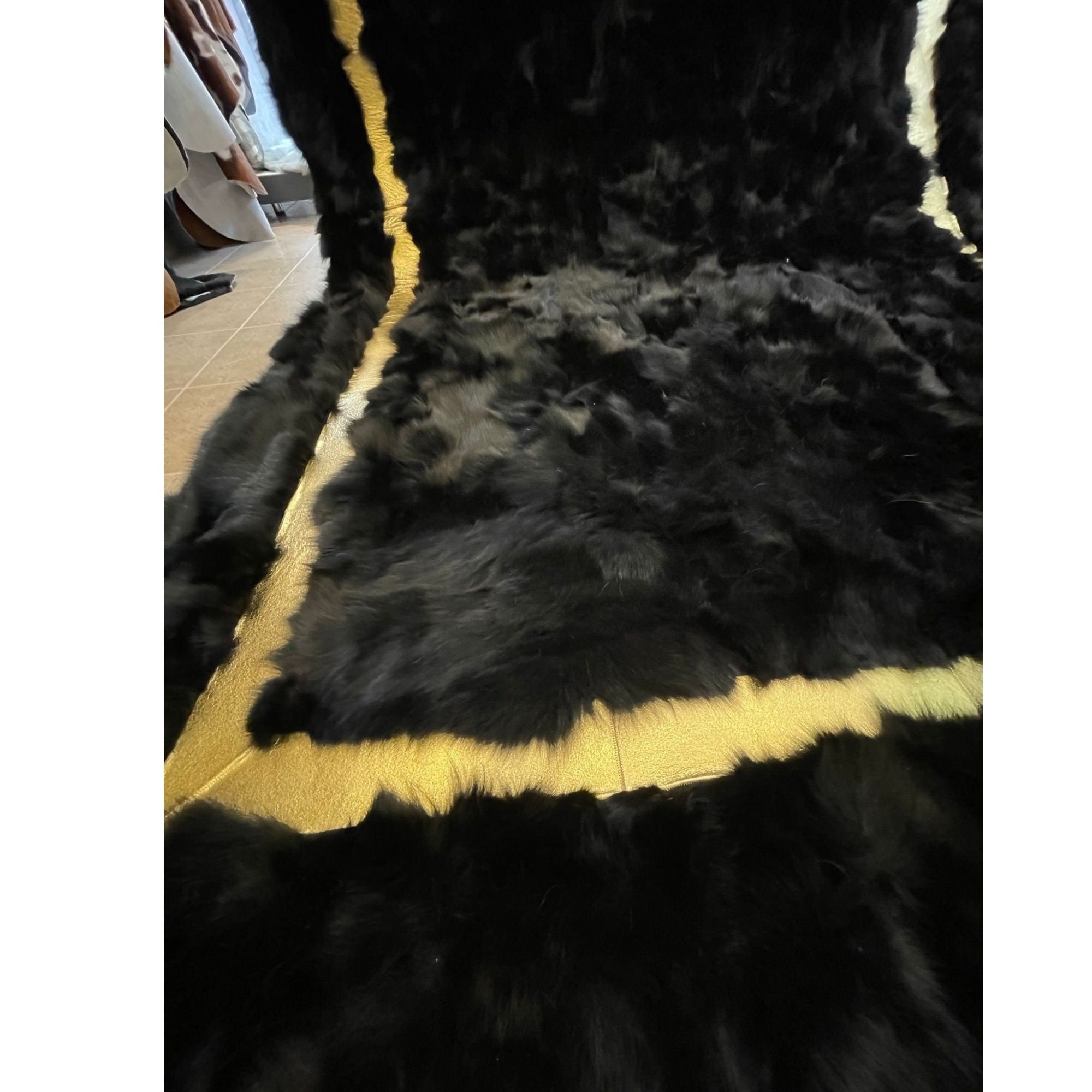 Black Natural Fur Indoor Rug - Gold Frame Rug - Fluffy Fur Rug- Living ...