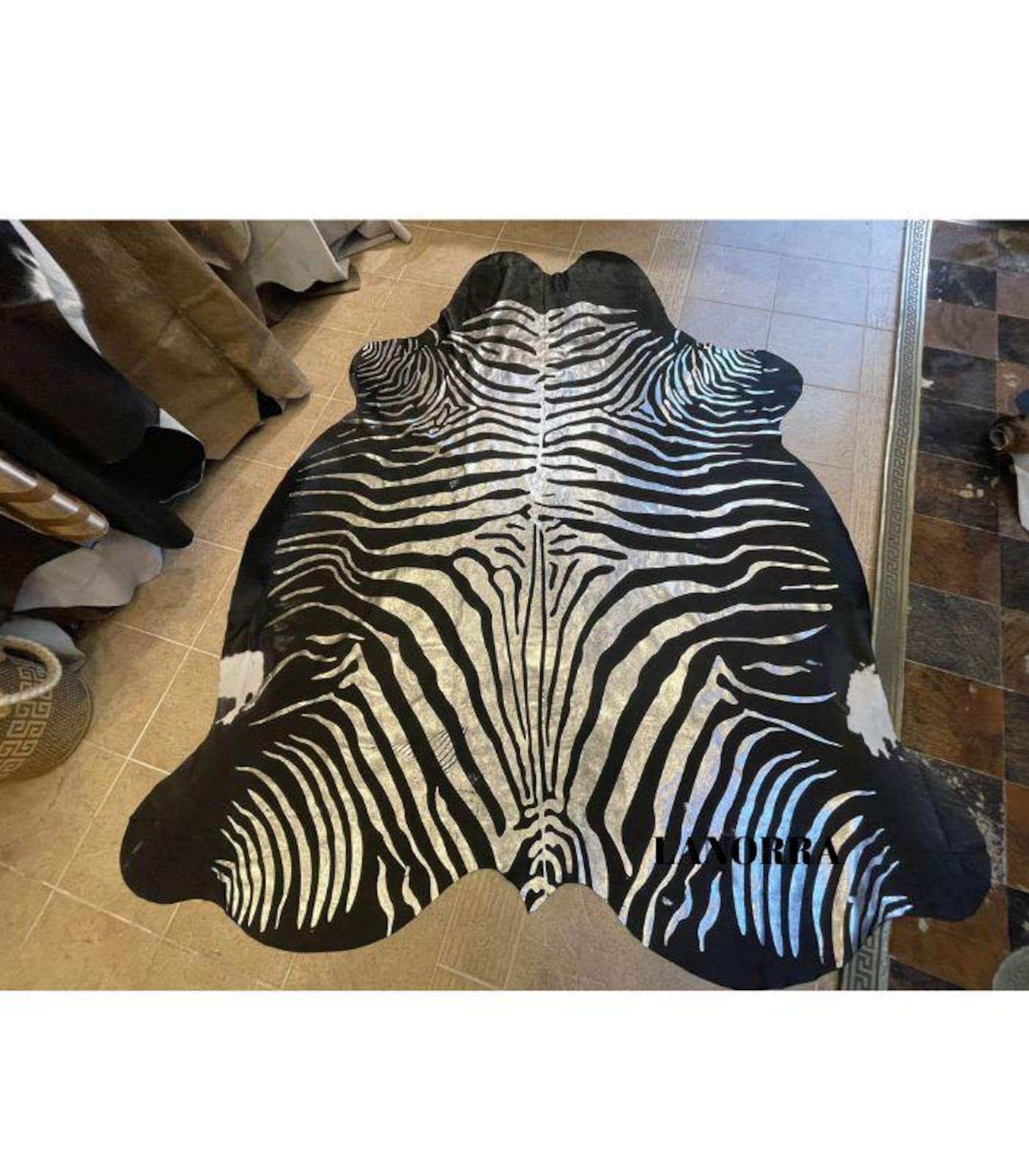 Luxury Black and Silver Zebra Calfskin Rug – Handmade Genuine Leather ...