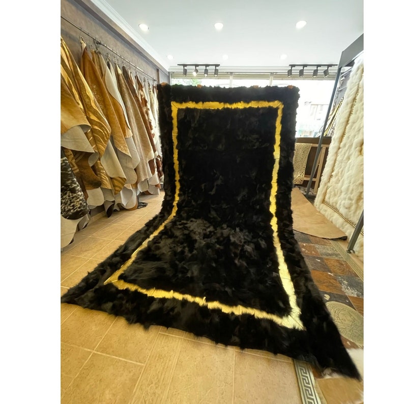 Black Natural Fur Indoor Rug - Gold Frame Rug - Fluffy Fur Rug- Living ...