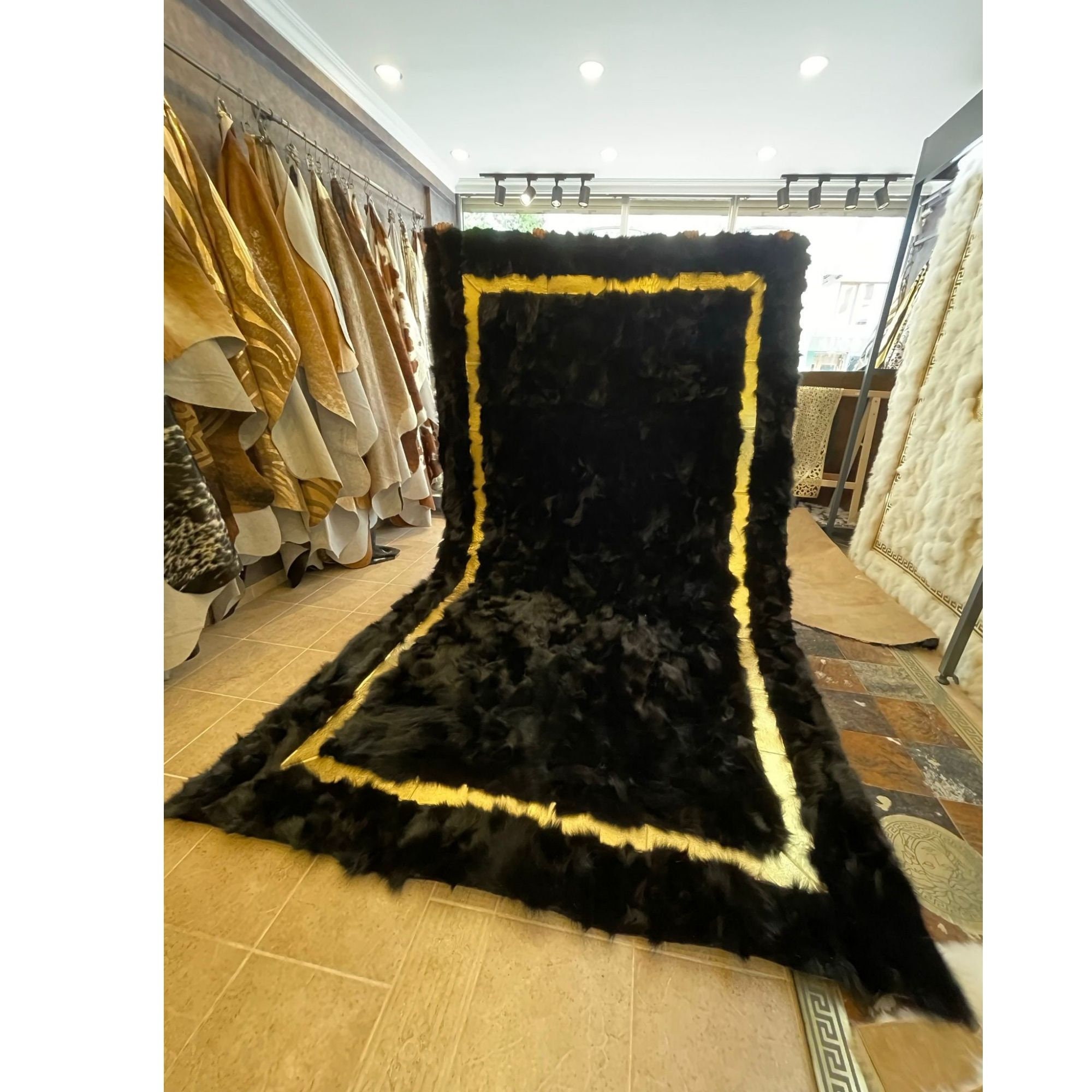 Black Natural Fur Indoor Rug - Gold Frame Rug - Fluffy Fur Rug- Living ...
