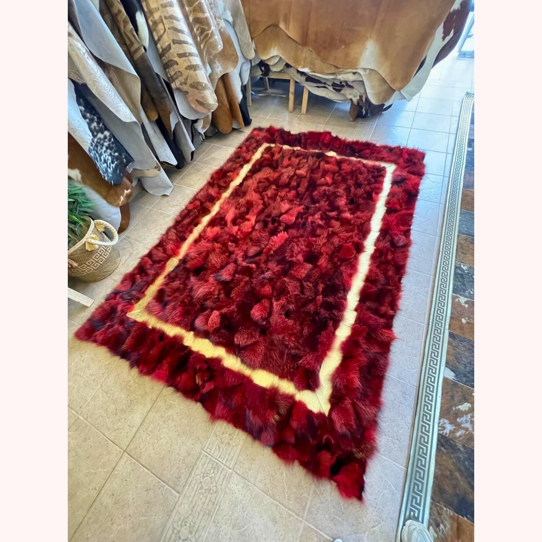 Red Natural Fox Fur Area Rug - Gold Frame Fox Fur Rug - Fluffy Fur Rug ...