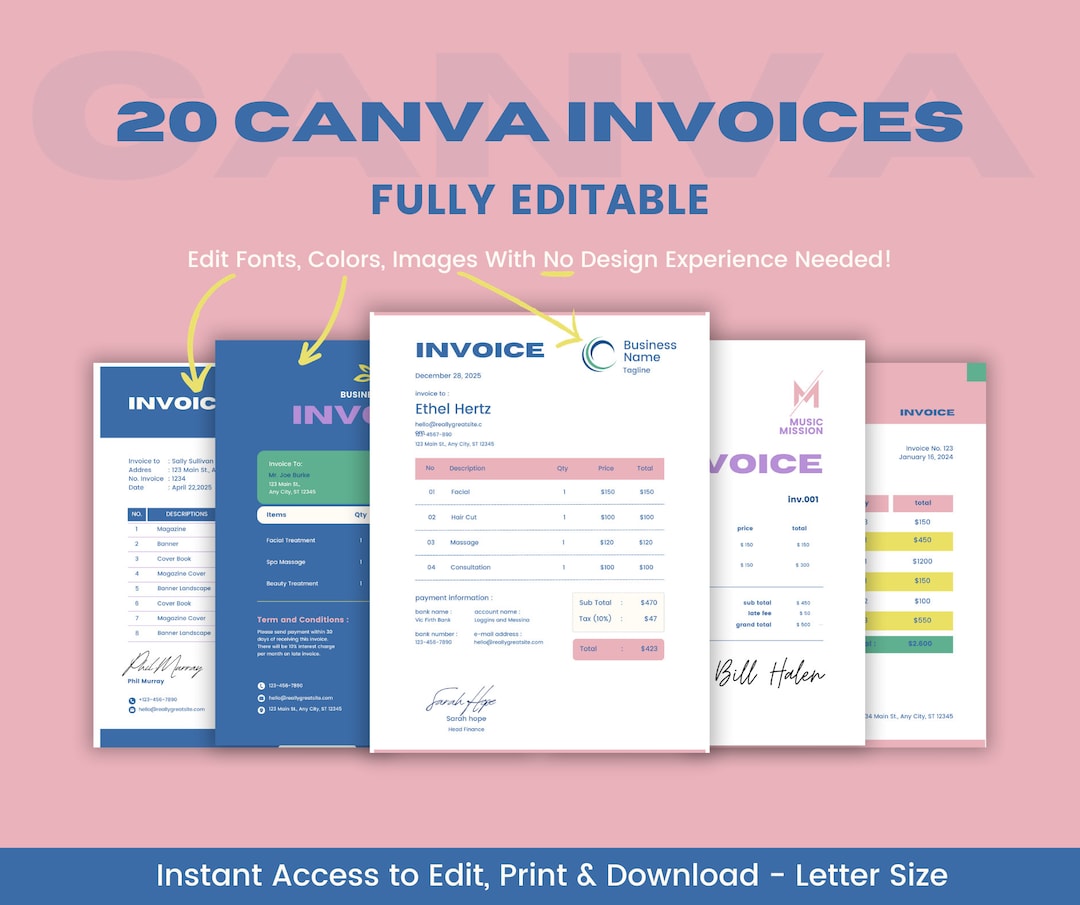 Chromacraft: 20-pack Fully Editable Canva Invoices for Your Unique ...