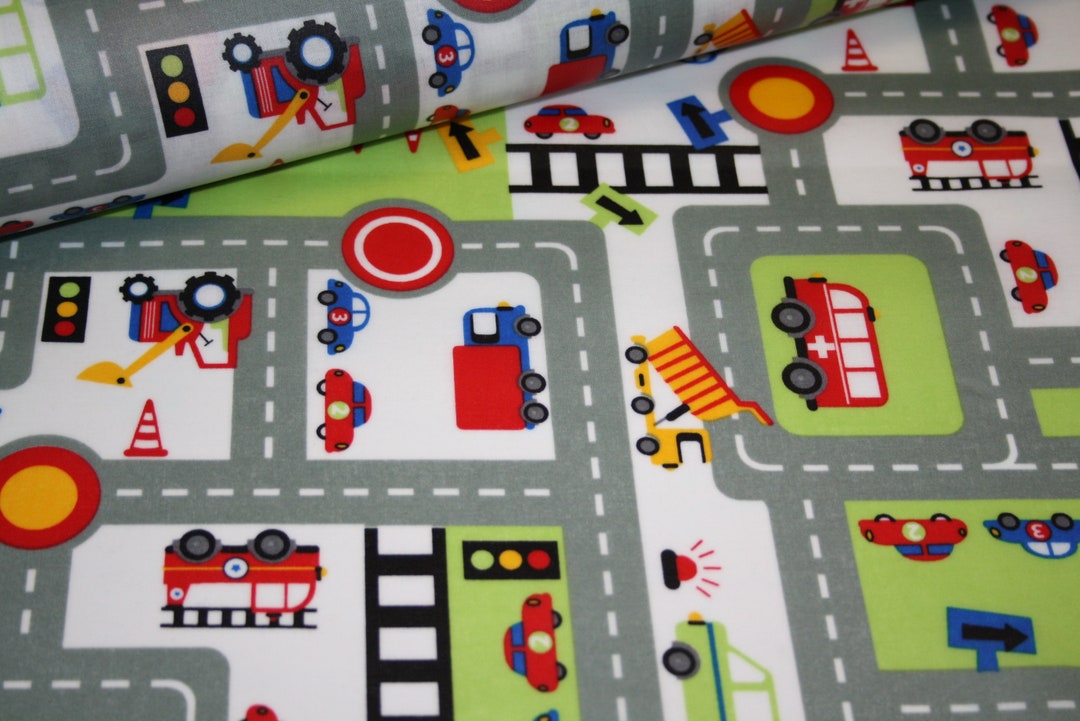 Cotton Fabric Cars Roads White 1 M - Etsy