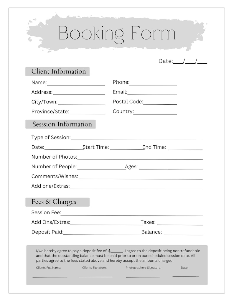 Photography Booking Form - Etsy