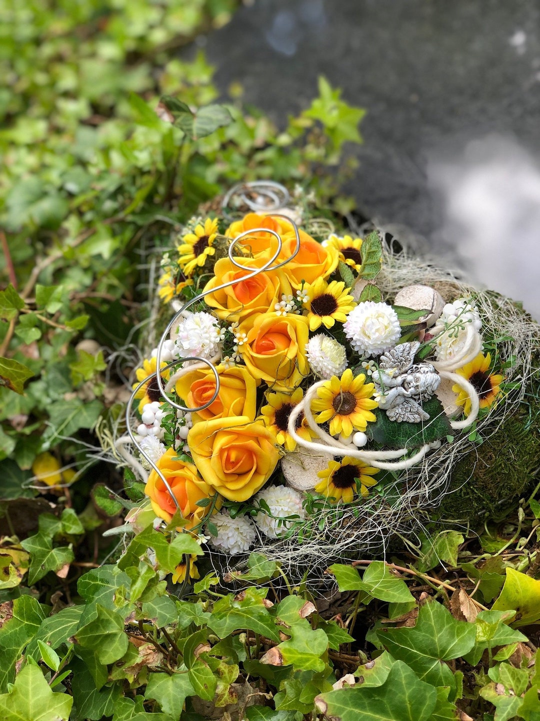 Grave Arrangement Grave Decoration Heart Roses Sunflowers Asters Birch ...