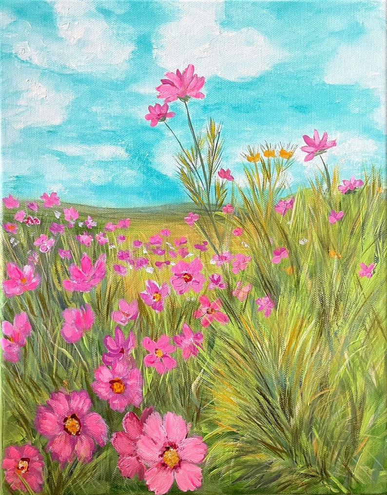 Pink Flowers on a Hillside, Wildflowers, Wildflower Painting, Cosmo ...