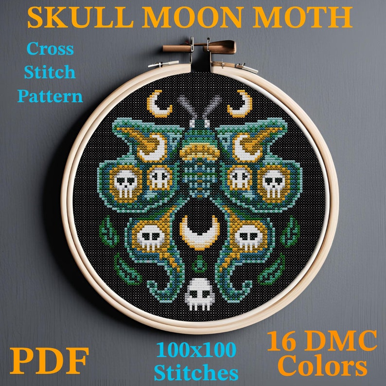 Skull Moon Moth Digital Cross Stitch Pattern _ 100x100 Stitches ...
