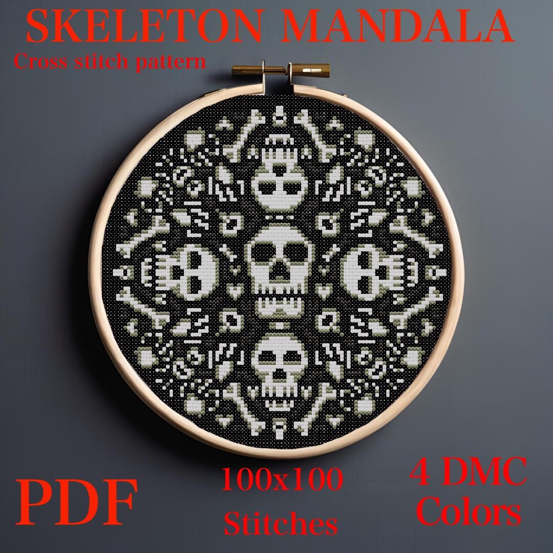 Skull and Bones Mandala Digital Cross Stitch Pattern | Fun and Spooky ...
