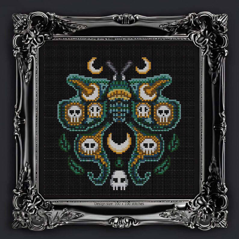 Skull Moon Moth Digital Cross Stitch Pattern _ 100x100 Stitches ...